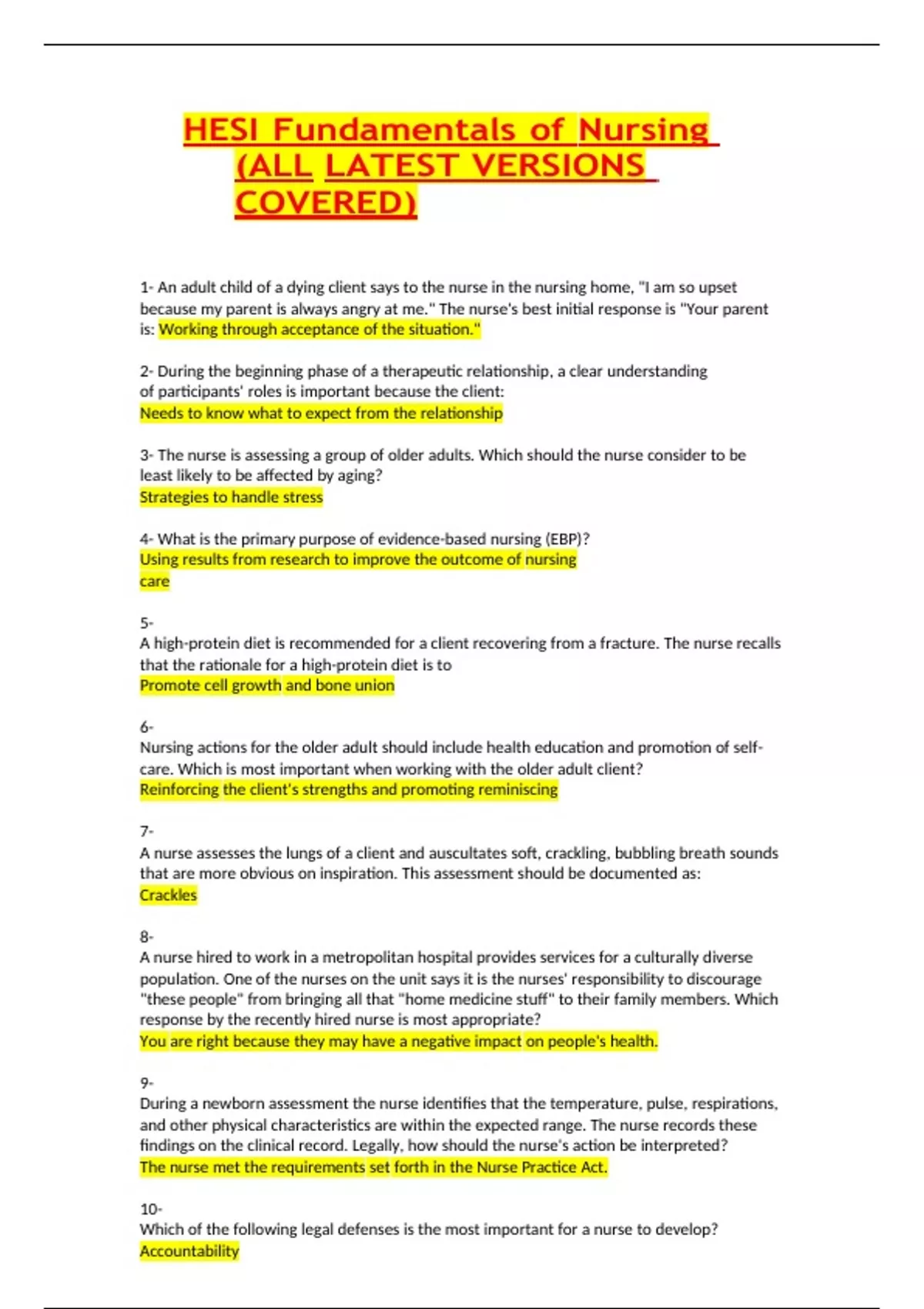 HESI Fundamentals of Nursing (ALL LATEST VERSIONS COVERED) - HESI ...