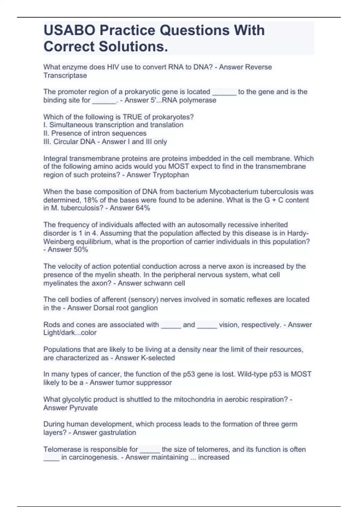 USABO Practice Questions With Correct Solutions. - USABO - Stuvia US