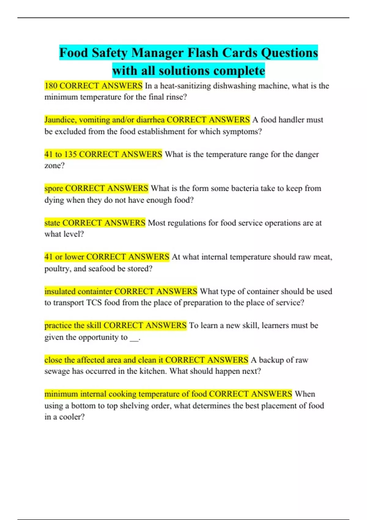 Food Safety Manager Flash Cards Questions with all solutions complete ...