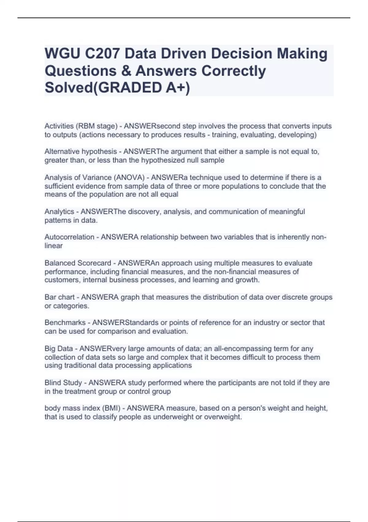 WGU C207 Data Driven Decision Making Questions & Answers Correctly ...