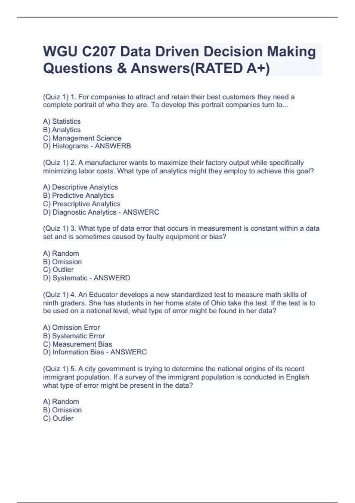WGU C207 Data Driven Decision Making Questions & Answers(RATED A+ ...