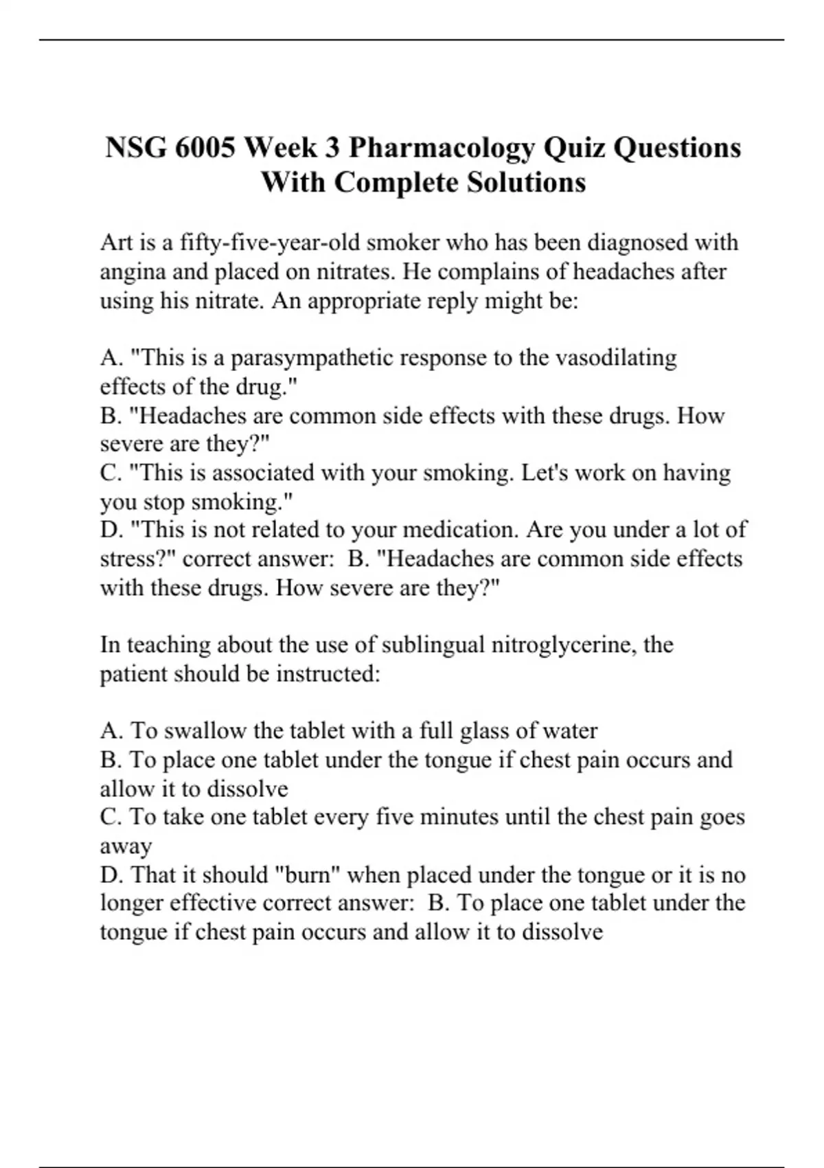 NSG 6005 Week 3 Pharmacology Quiz Questions With Complete Solutions - NSG 6005 - Stuvia US
