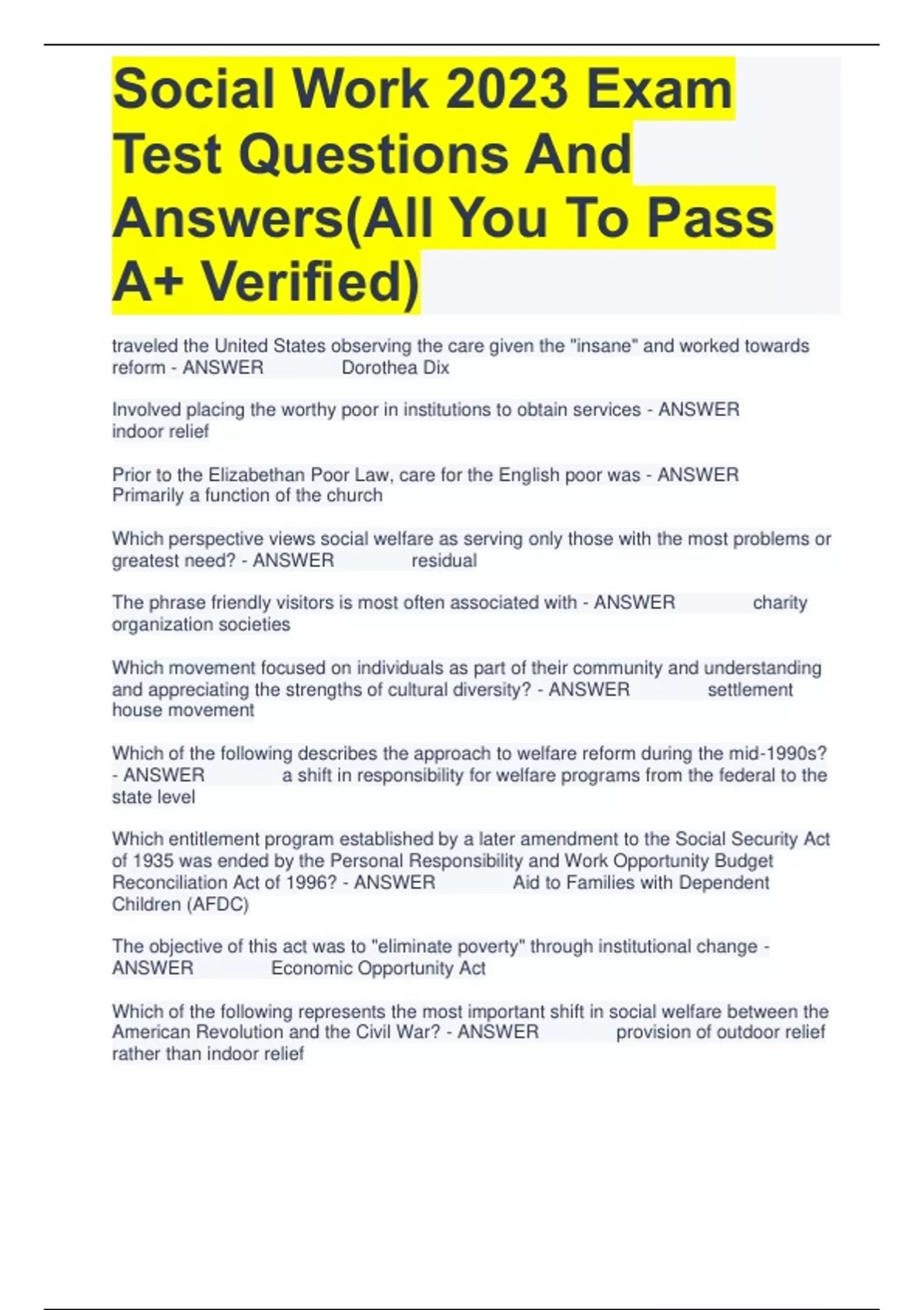 Social Work 2023 Exam Test Questions And Answers(All You To Pass A+ ...
