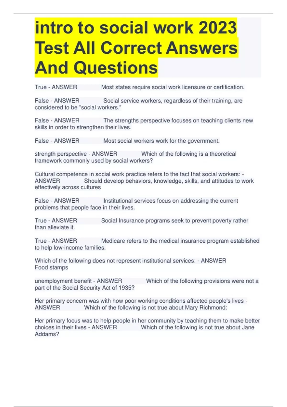 intro to social work 2023 Test All Correct Answers And Questions ...
