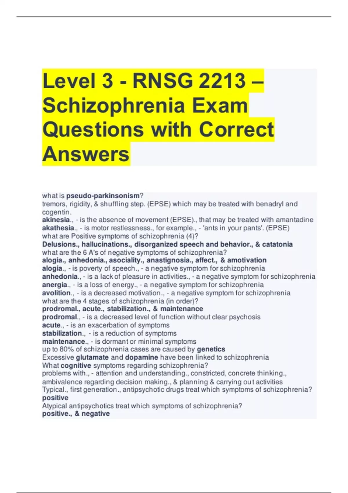 Level 3 - RNSG 2213 – Schizophrenia Exam Questions with Correct Answers ...
