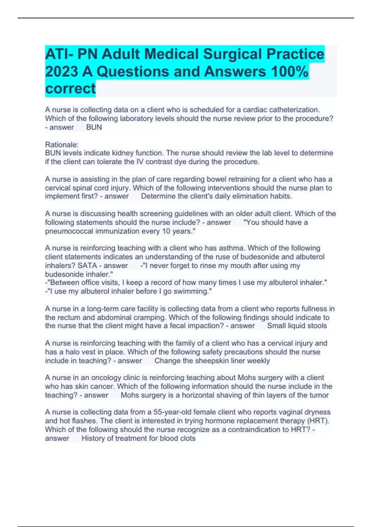 ATI- PN Adult Medical Surgical Practice 2023 A Questions and Answers 100% correct - ATI PN med ...