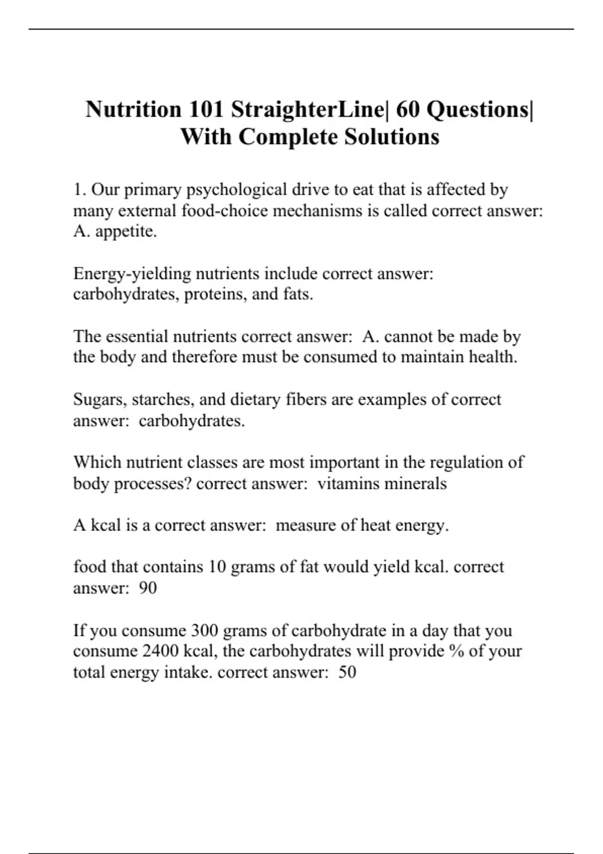 Nutrition 101 StraighterLine| 60 Questions| With Complete Solutions - Nutrition 101 - Stuvia US