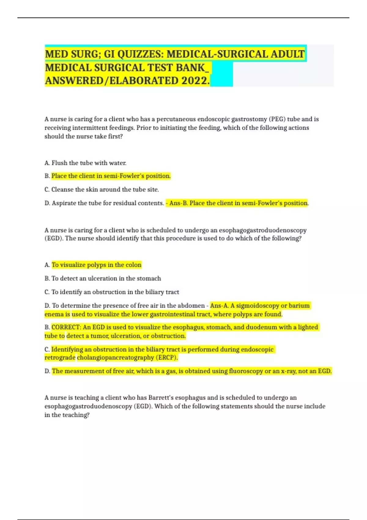 MED SURG; GI QUIZZES: MEDICAL-SURGICAL ADULT MEDICAL SURGICAL TEST BANK ...