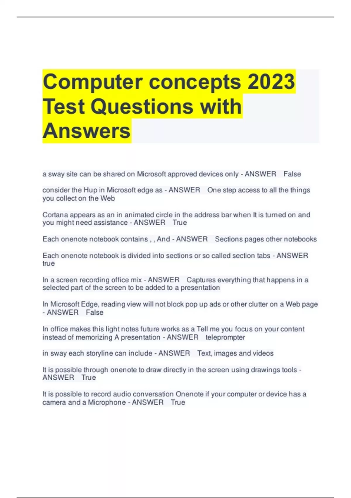 Computer concepts 2023 Test Questions with Answers - Computer concepts ...