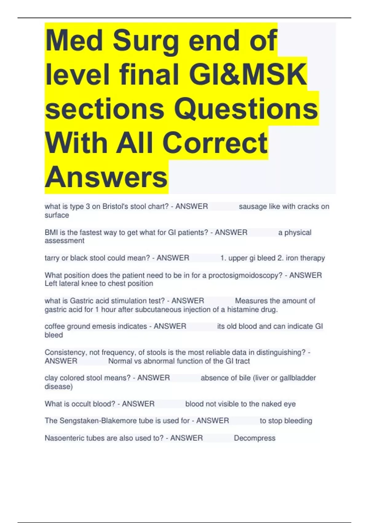 Med Surg end of level final GI&MSK sections Questions With All Correct ...