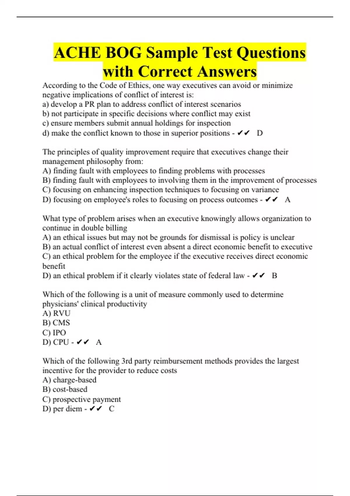 ACHE BOG Sample Test Questions with Correct Answers - ACHE BOG - Stuvia US