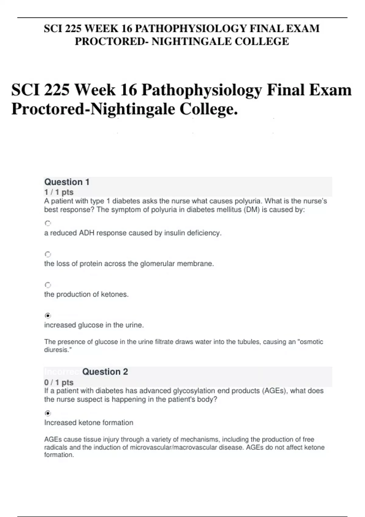 SCI 225 WEEK 16 PATHOPHYSIOLOGY FINAL EXAM PROCTORED- NIGHTINGALE COLLEGE - NURSING - Stuvia US