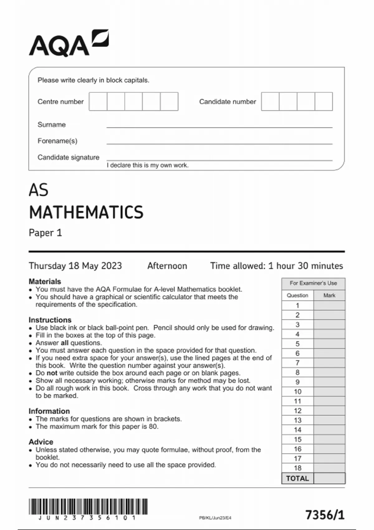 AQA AS MATHEMATICS PAPER 1 2023 QUESTION PAPER - AQA AS MATHEMATICS ...