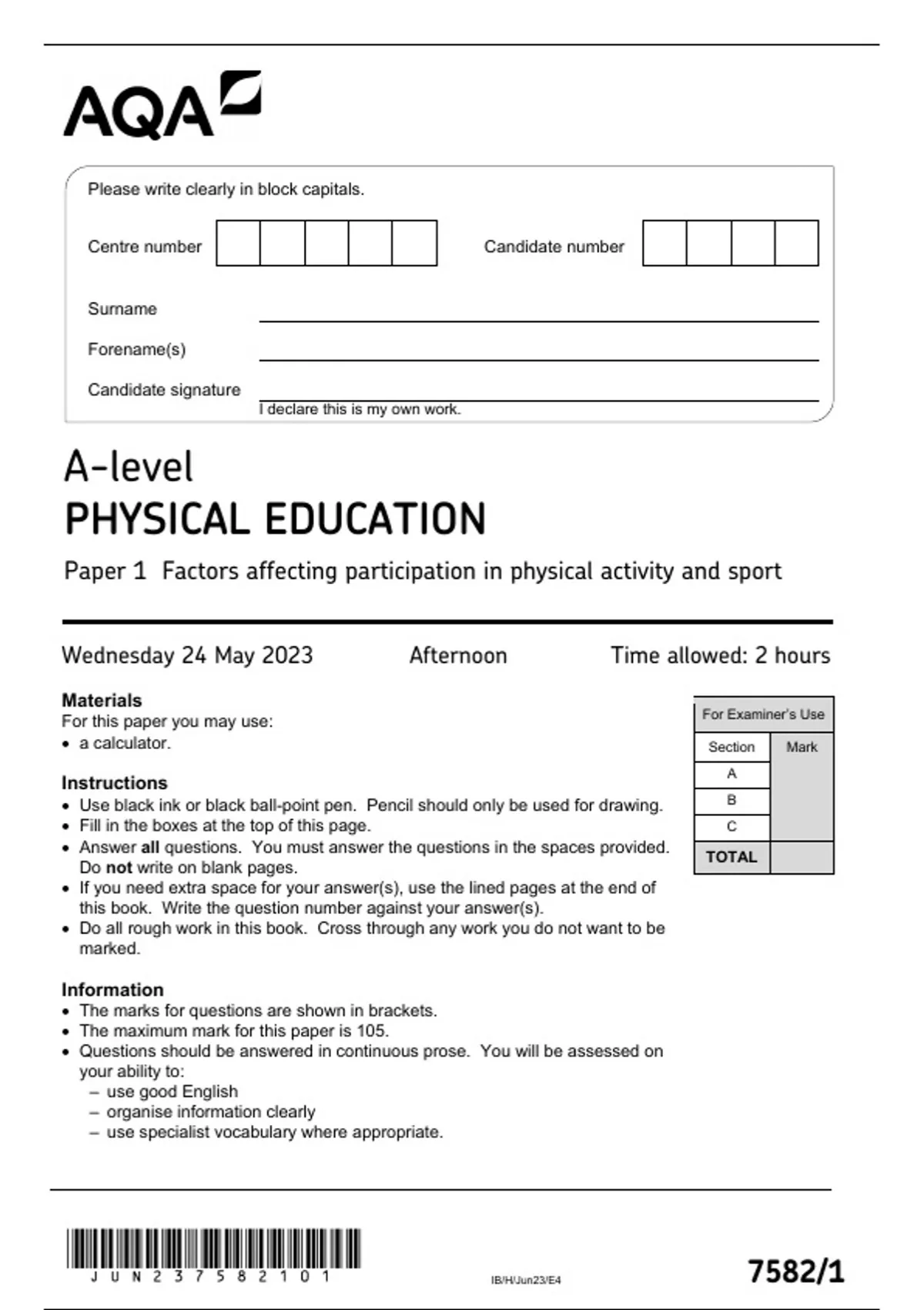 AQA A Level Physical Education - Question Paper 2023 - PE 2023 - Stuvia US