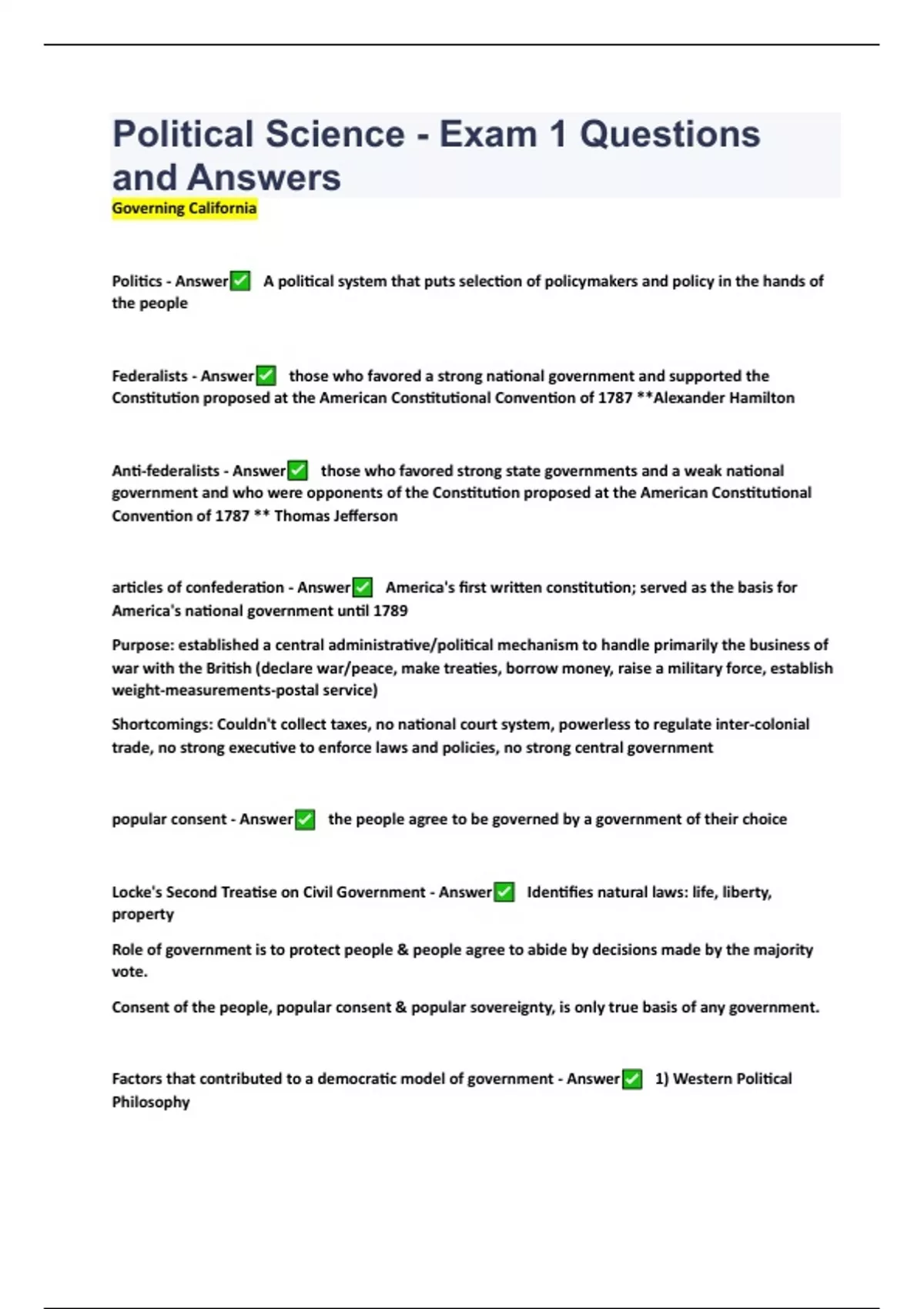 Political Science - Exam 1 Questions and Answers Governing California ...