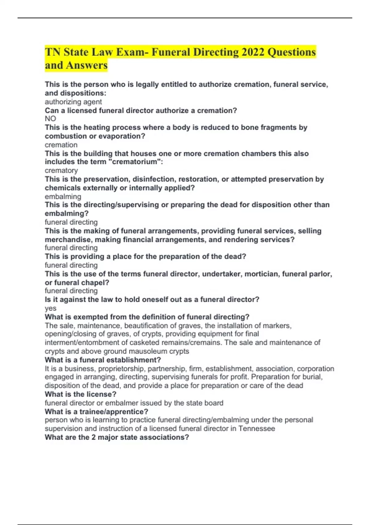 TN State Law Exam- Funeral Directing 2022 Questions and Answers ...