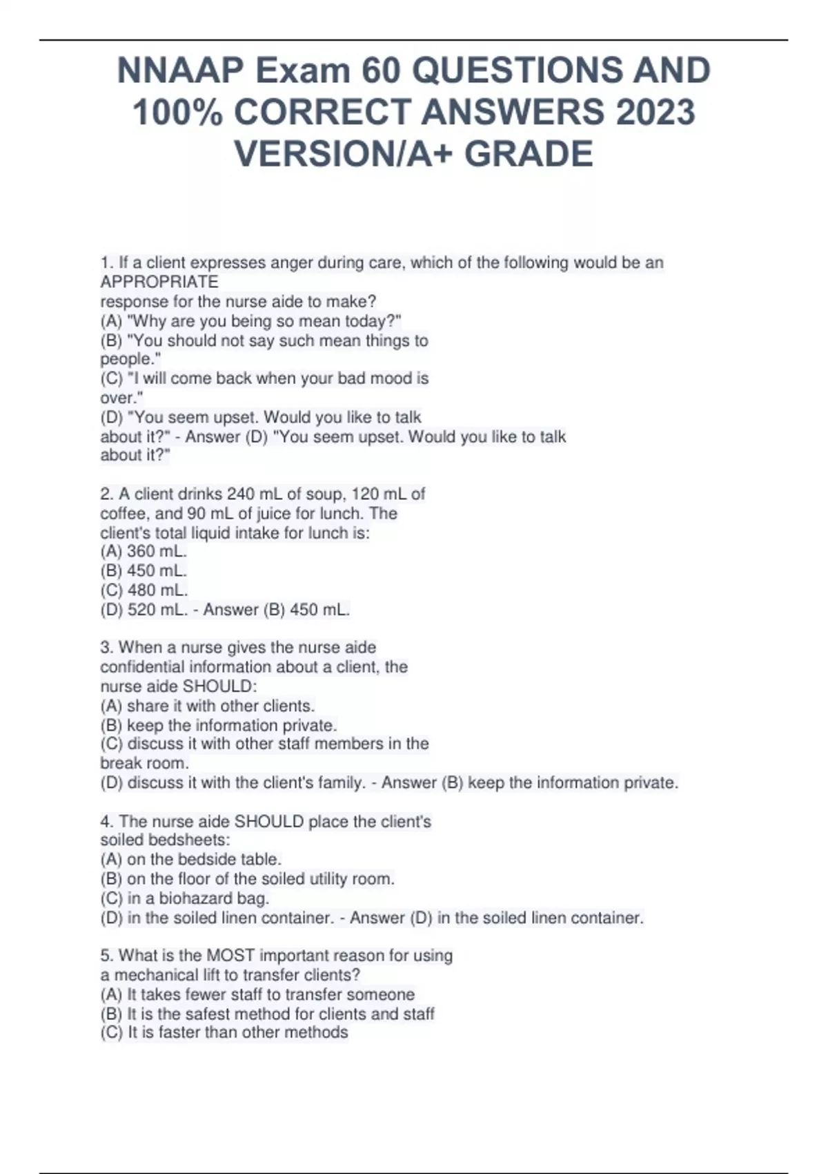 NNAAP Exam 60 QUESTIONS AND 100% CORRECT ANSWERS 2023 VERSION/A+ GRADE ...