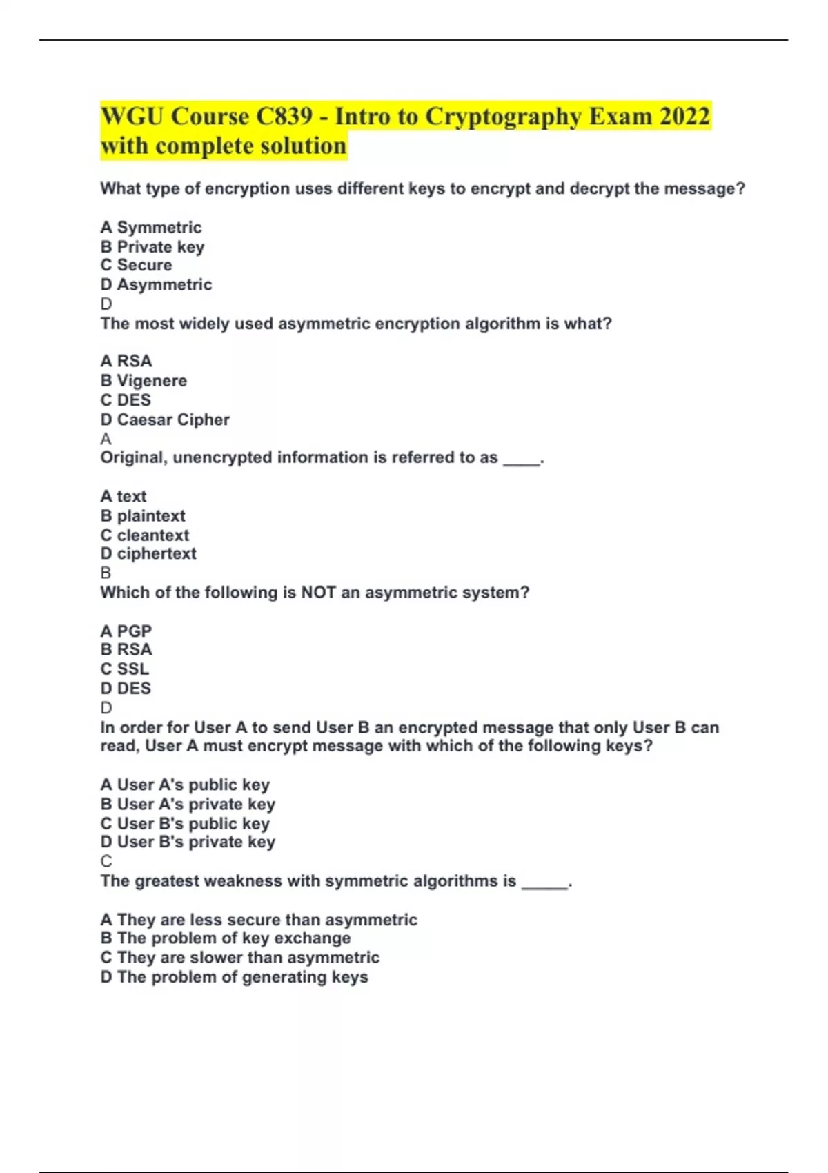 WGU Course C839 - Intro to Cryptography Exam 2022 with complete solution - WGU C839 - Stuvia UK