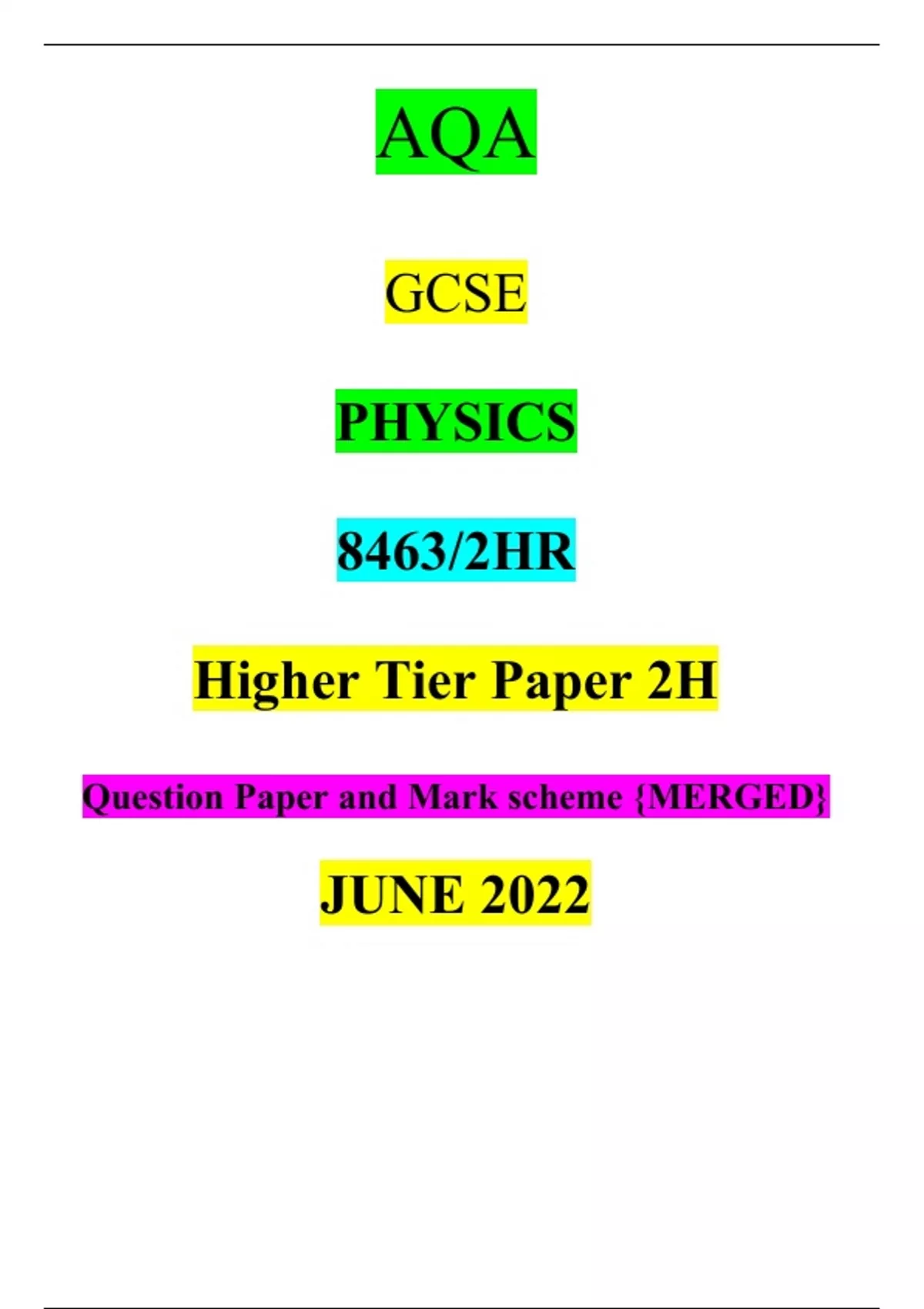 Bundle for AQA GCSE PHYSICS 8463/1H Higher Tier Paper 1 Question Paper and Mark scheme {MERGED ...