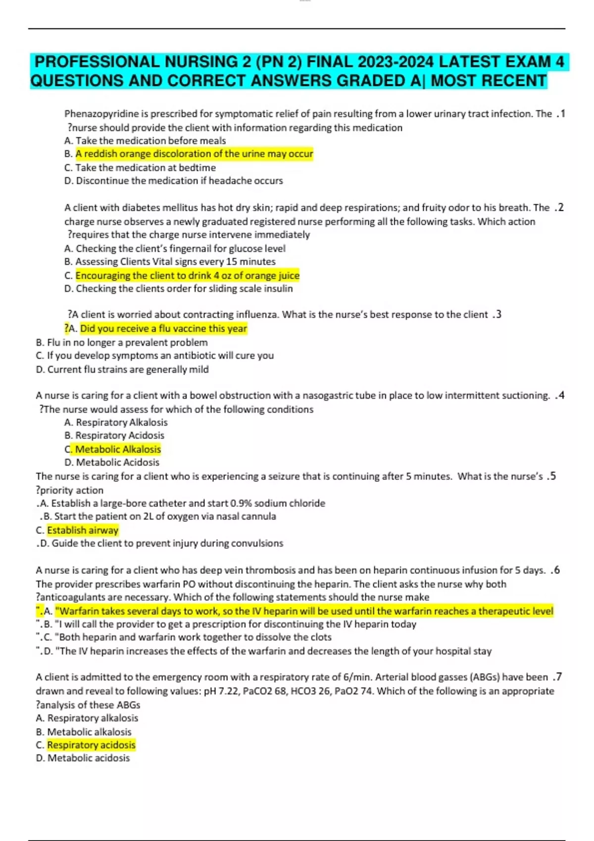 PROFESSIONAL NURSING 2 (PN 2) FINAL LATEST EXAM 4 QUESTIONS AND CORRECT ...