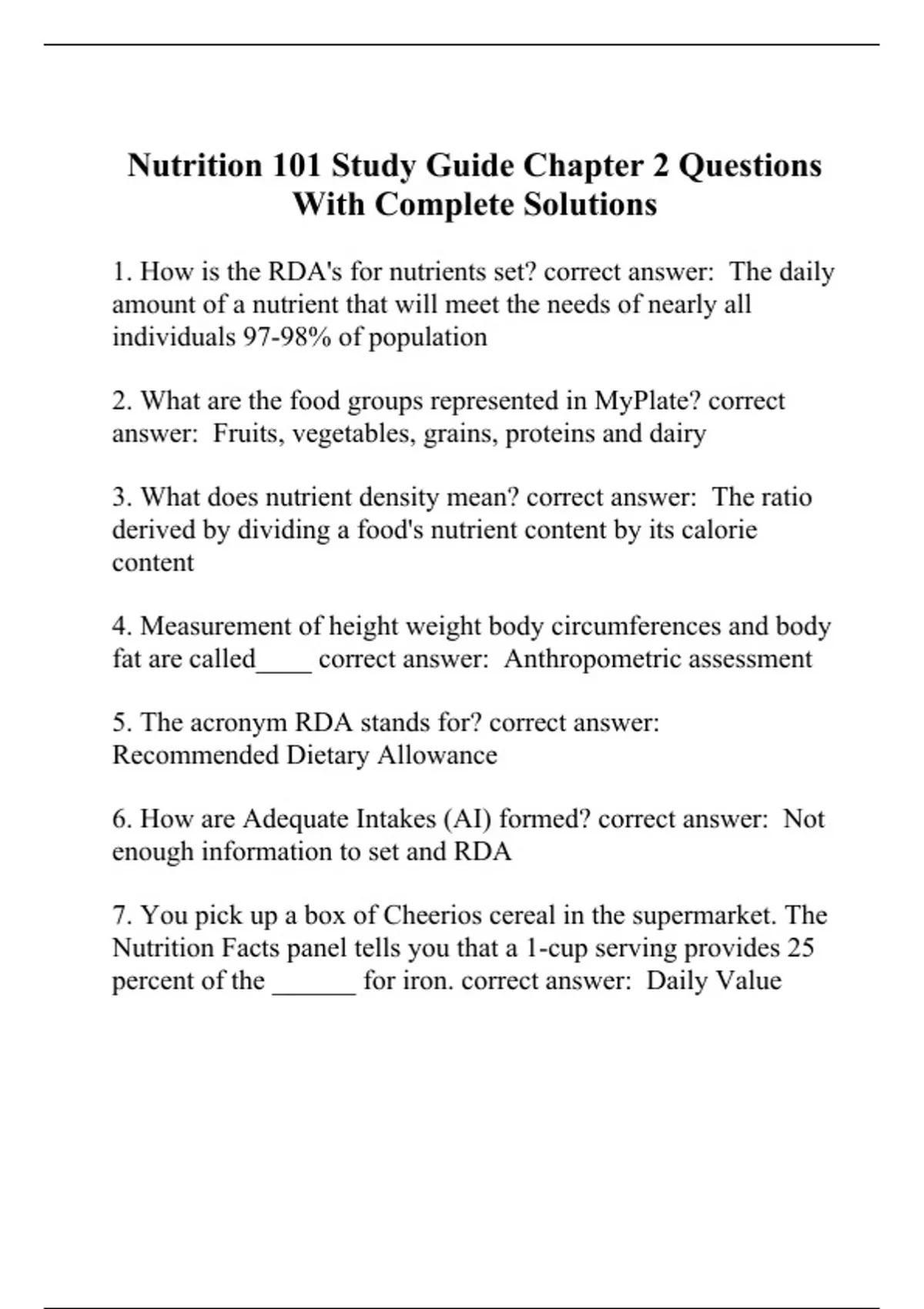 Nutrition 101 Study Guide Chapter 2 Questions With Complete Solutions ...