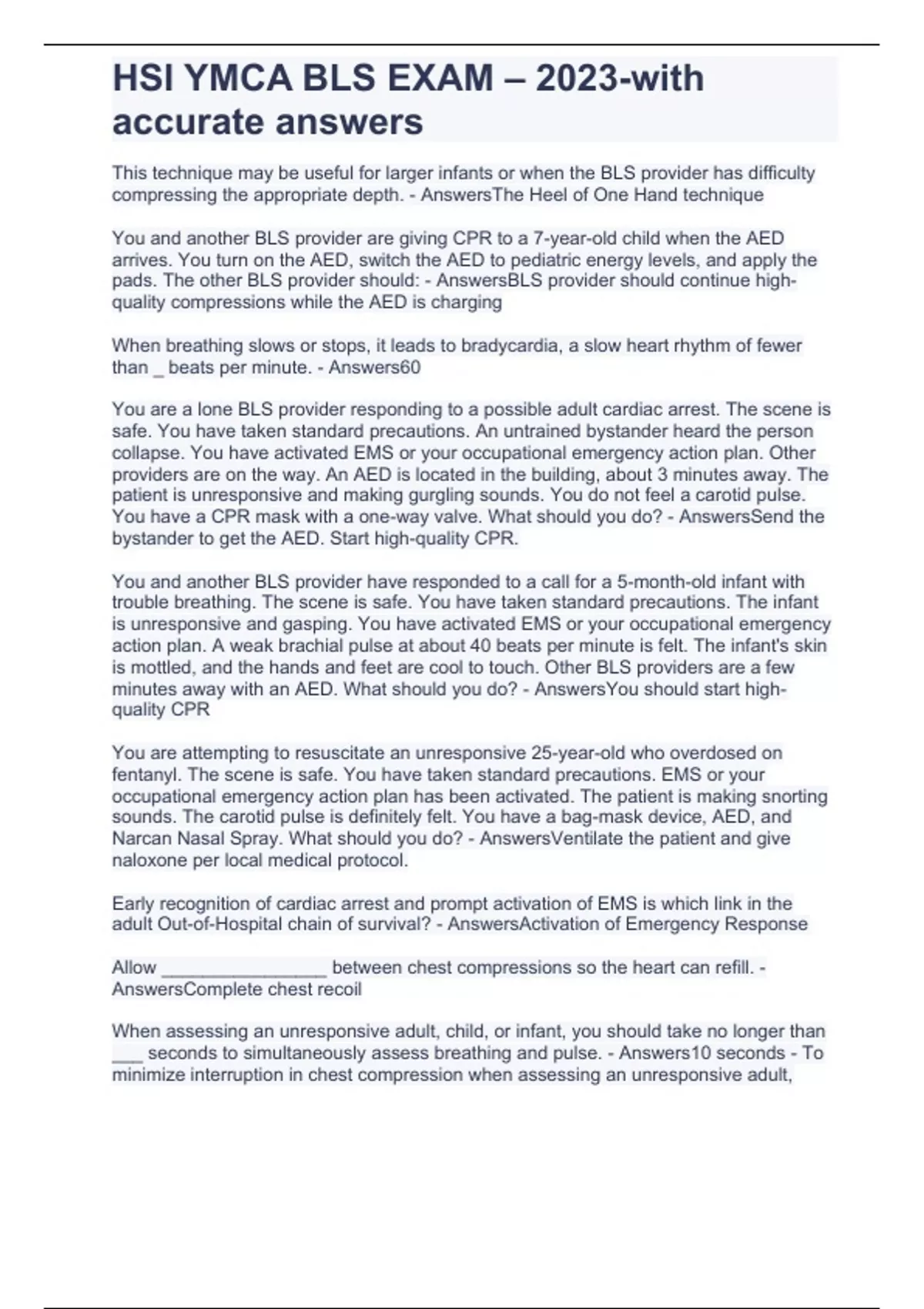 HSI YMCA BLS EXAM – 2023-with accurate answers(verified)A grade - HSI ...