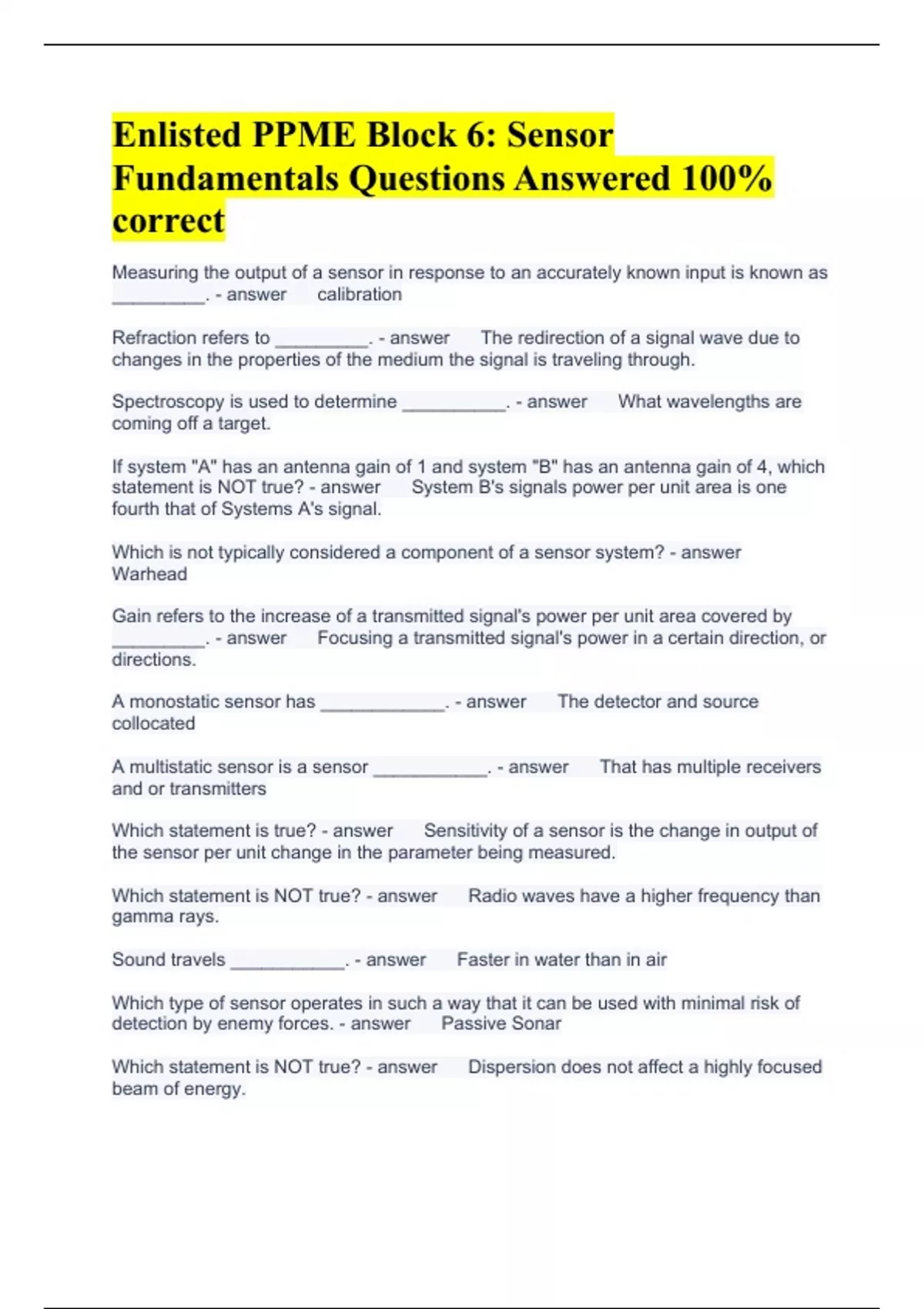 Enlisted PPME Block 6: Sensor Fundamentals Questions Answered 100% ...