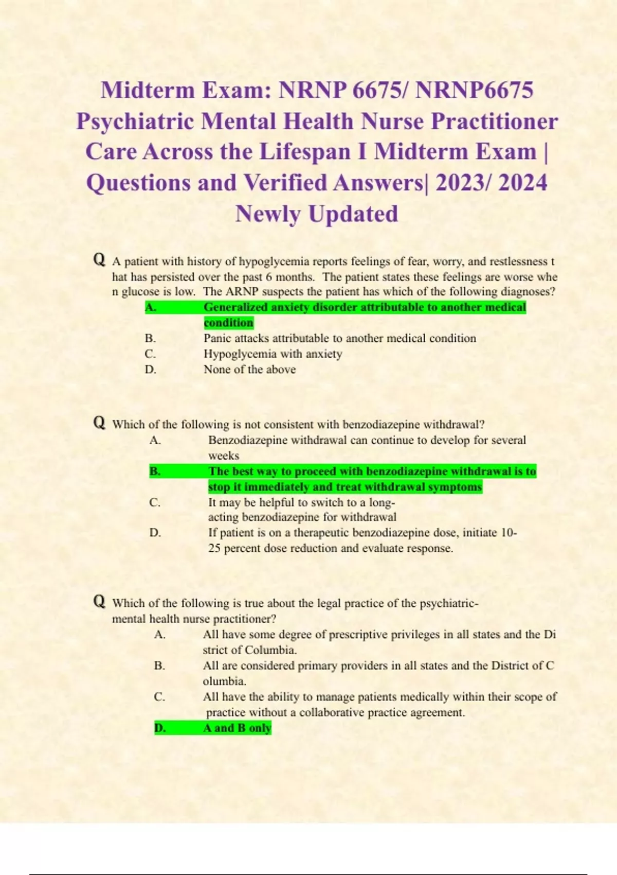 Midterm Exam: NRNP 6675/ NRNP6675 Psychiatric Mental Health Nurse ...