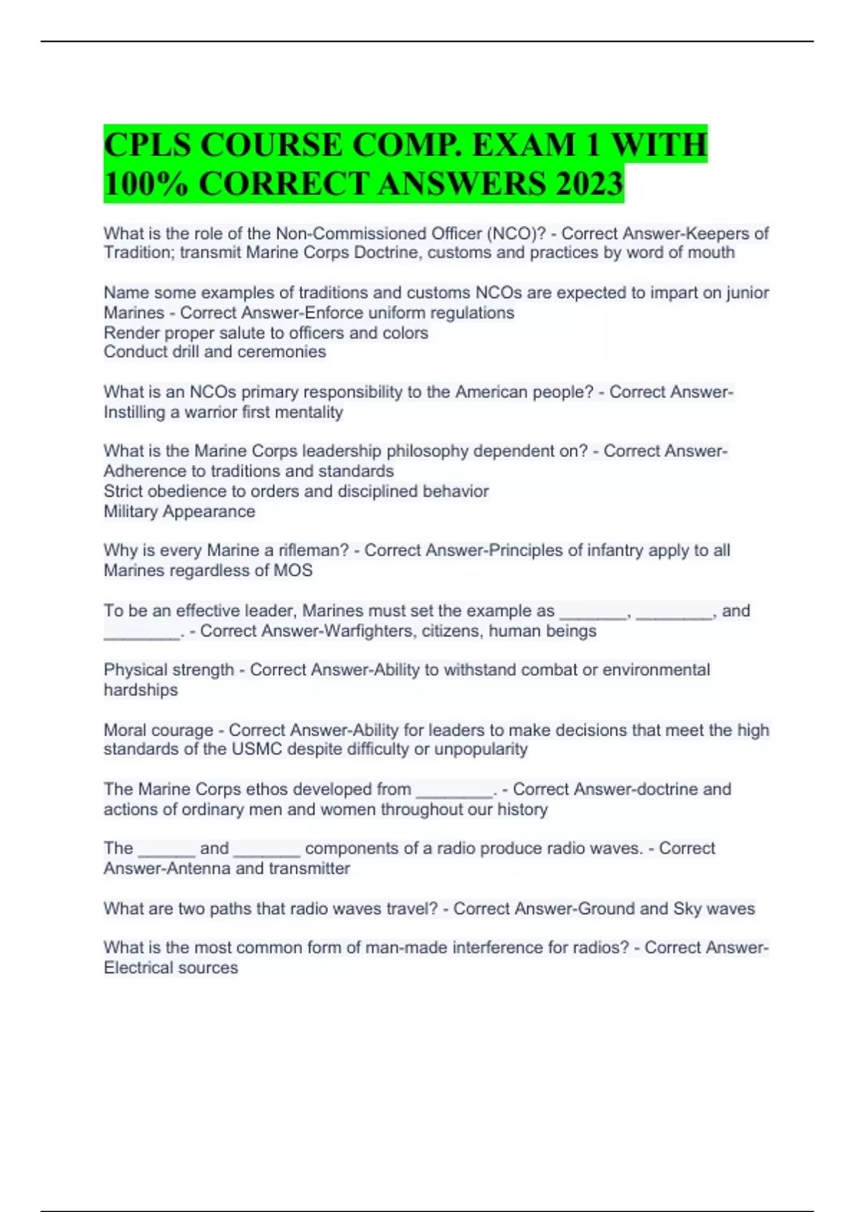 Cpls Course Comp Exam 1 With 100 Correct Answers 2023 Corporals Course Stuvia Us