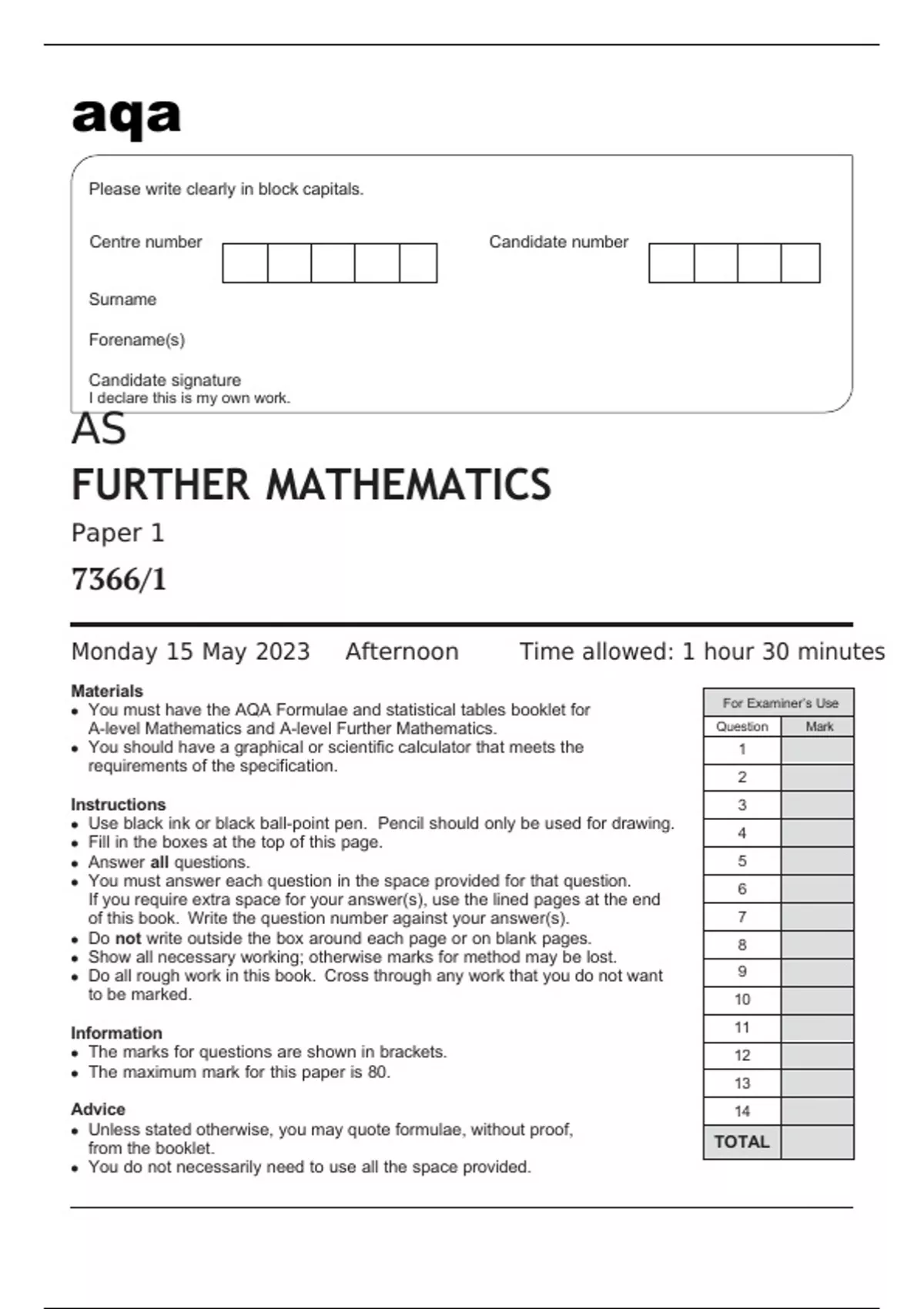 aqa AS FURTHER MATHEMATICS Paper 1 (7366/1) May 2023 Question Paper ...
