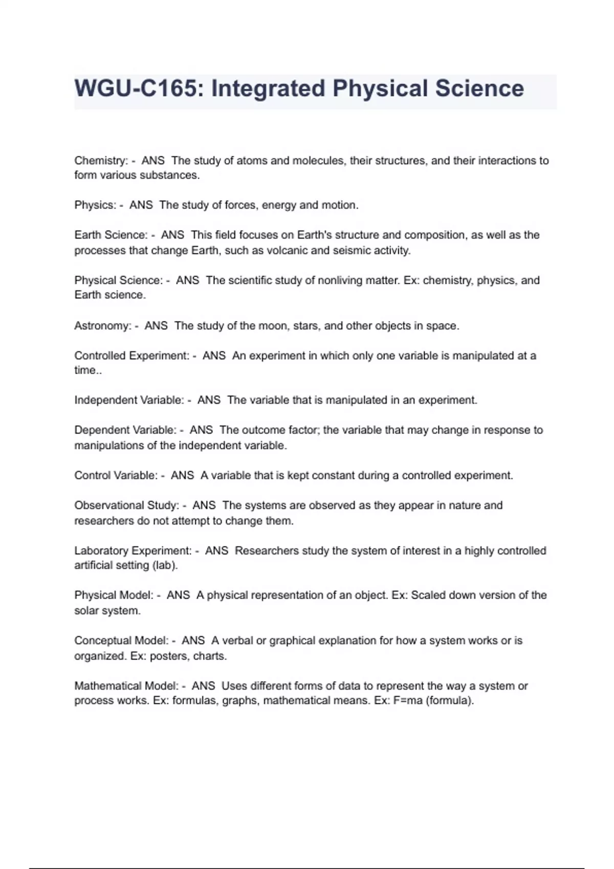 WGU-C165: Integrated Physical Science Questions And 100% Correct ...