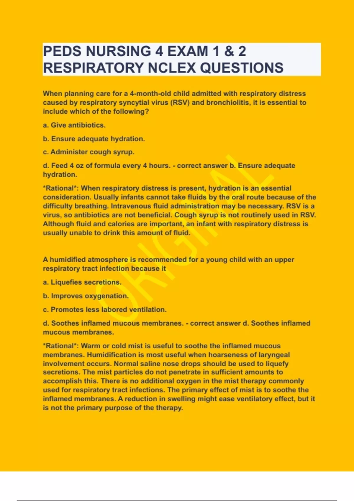 PEDS NURSING 4 EXAM 1 & 2 RESPIRATORY NCLEX QUESTIONS|UPDATED&VERIFIED ...