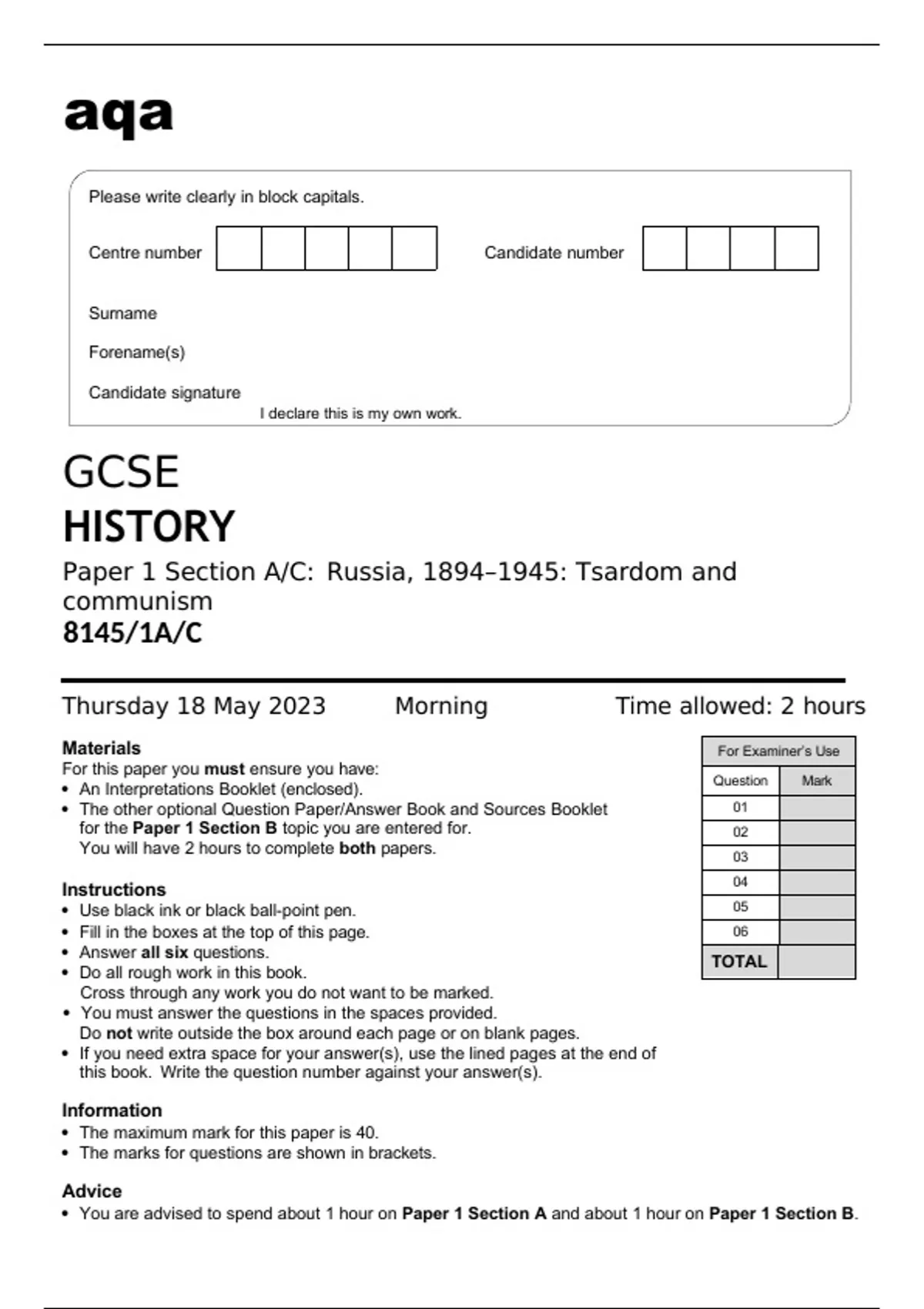 aqa GCSE HISTORY Paper 1 Section A/C: Russia, 1894–1945: Tsardom and ...