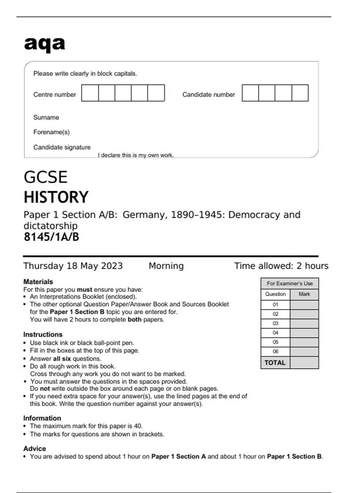 aqa GCSE HISTORY Paper 1 Section A/B: Germany, 1890–1945: Democracy and ...