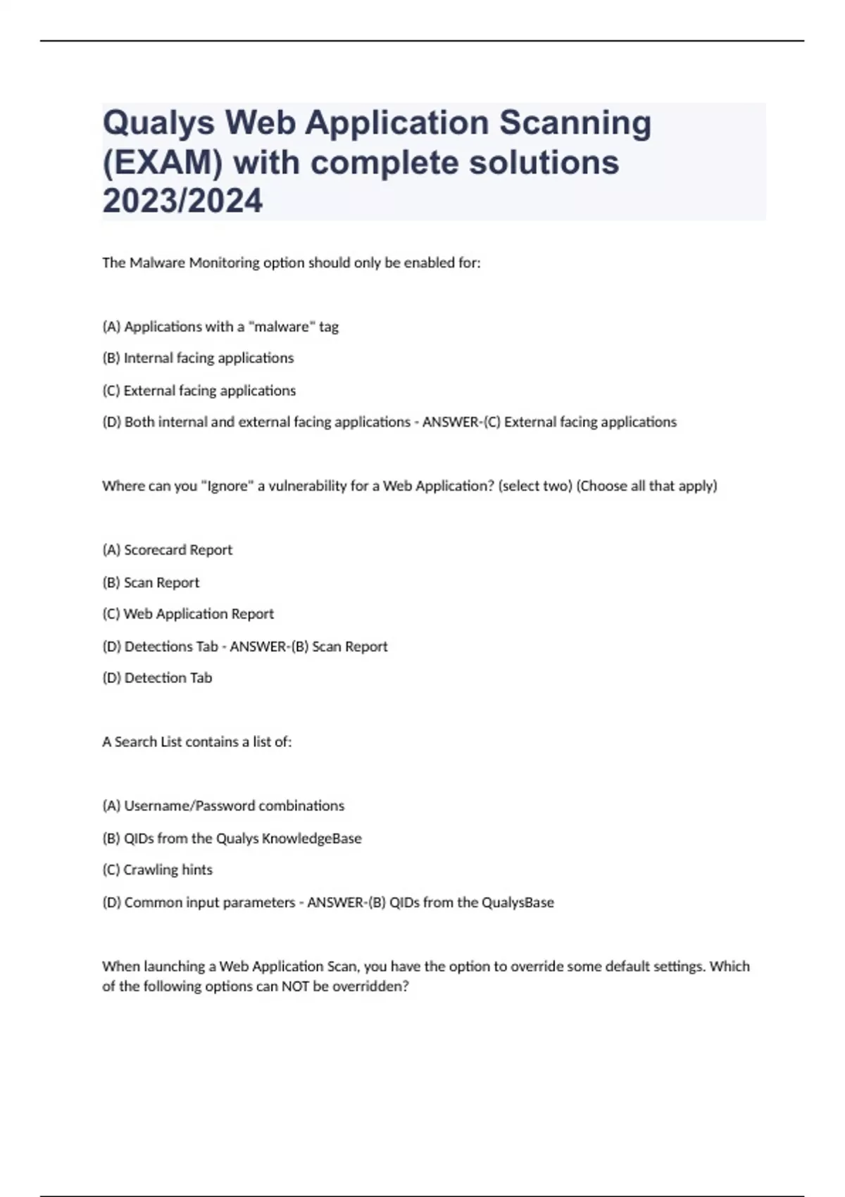 Qualys Web Application Scanning (EXAM) with complete solutions 2023/2024 - Qualys Web ...