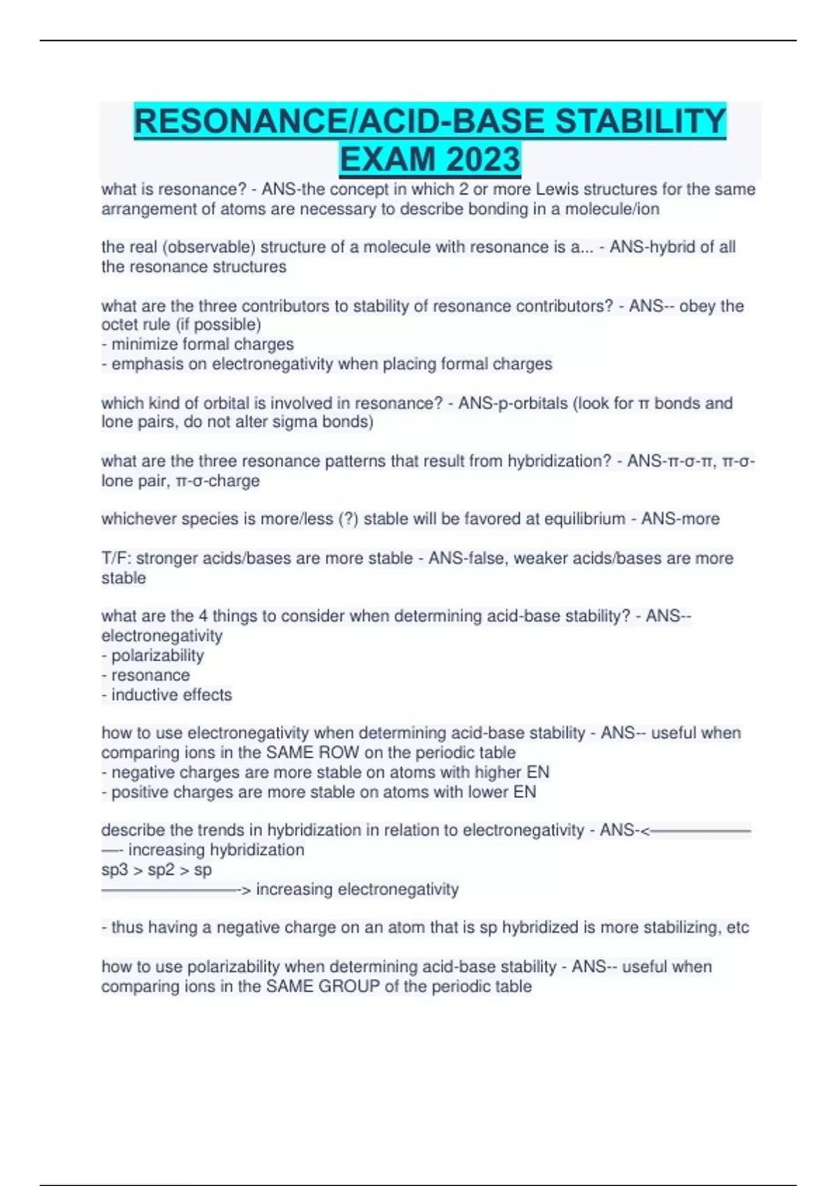 RESONANCE/ACID-BASE STABILITY EXAM 2023 - RESONANCE/ACID-BASE STABILITY ...