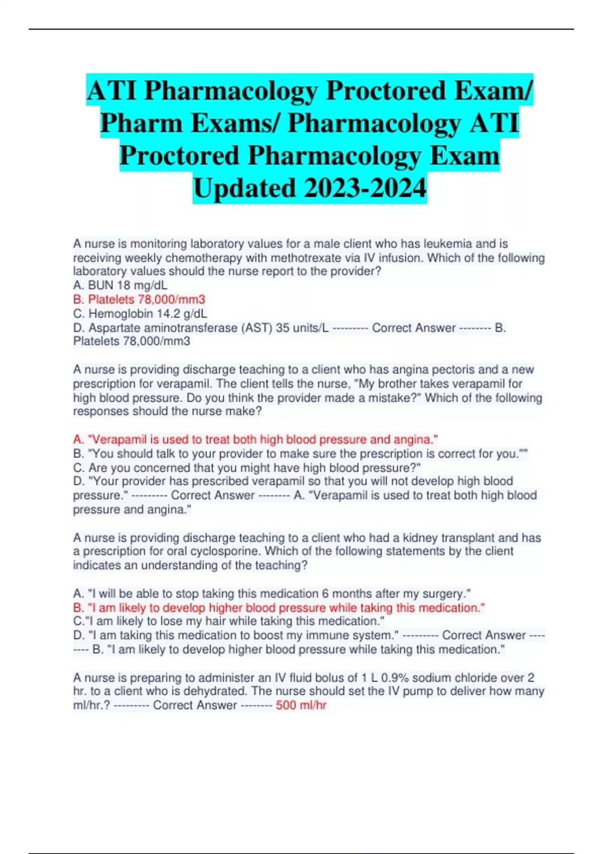 ATI Pharmacology Proctored Exam/ Pharm Exams/ Pharmacology ATI ...