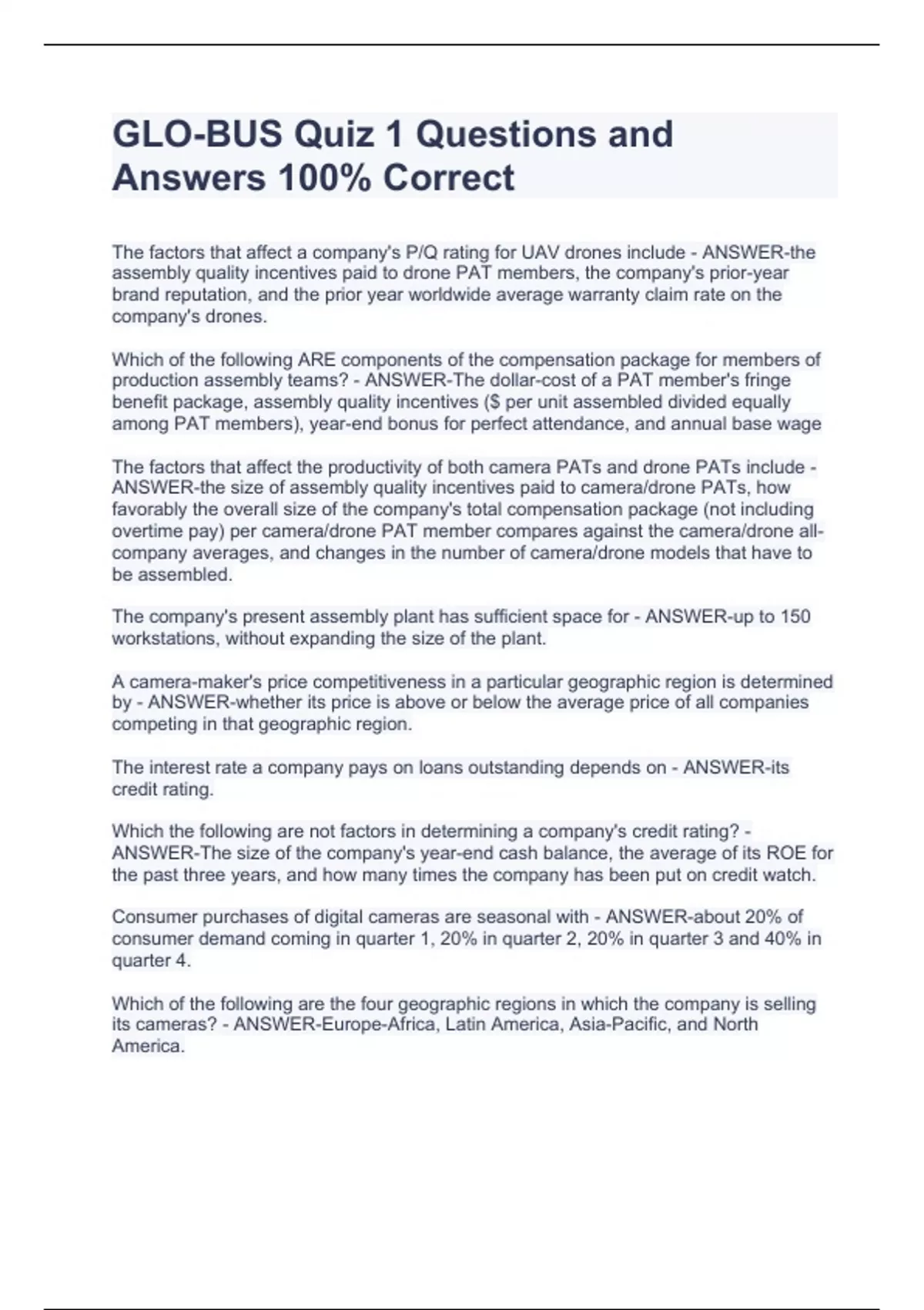 GLO-BUS EXAMS COMPILATION WITH COMPLETE SOLUTIONS - Stuvia US