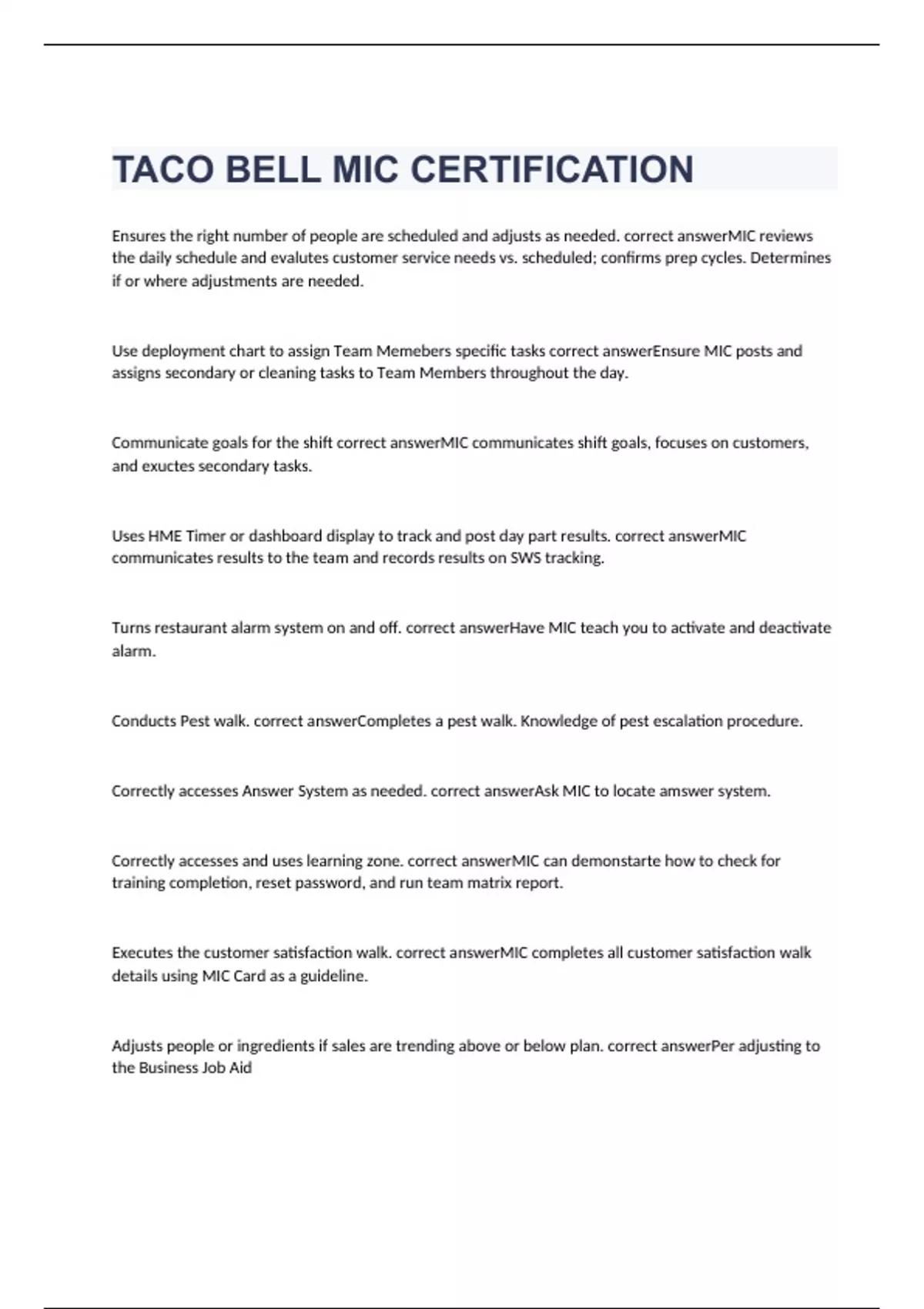 TACO BELL MIC CERTIFICATION EXAM 2023 WITH 100% CORRECT ANSWERS - TACO ...