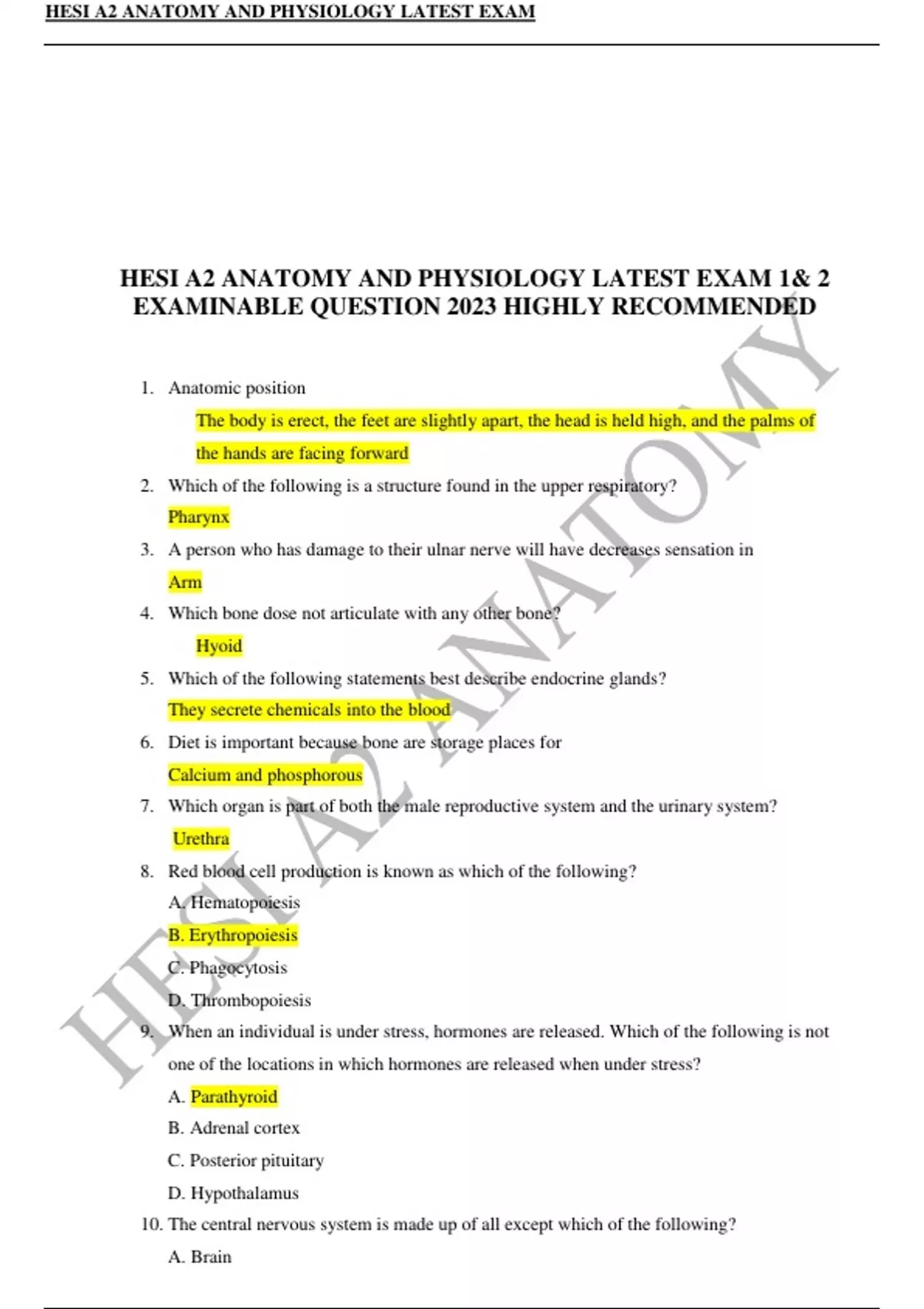 Hesi a2 anatomy and physiology latest exam 1 2 examinable question 2023 ...