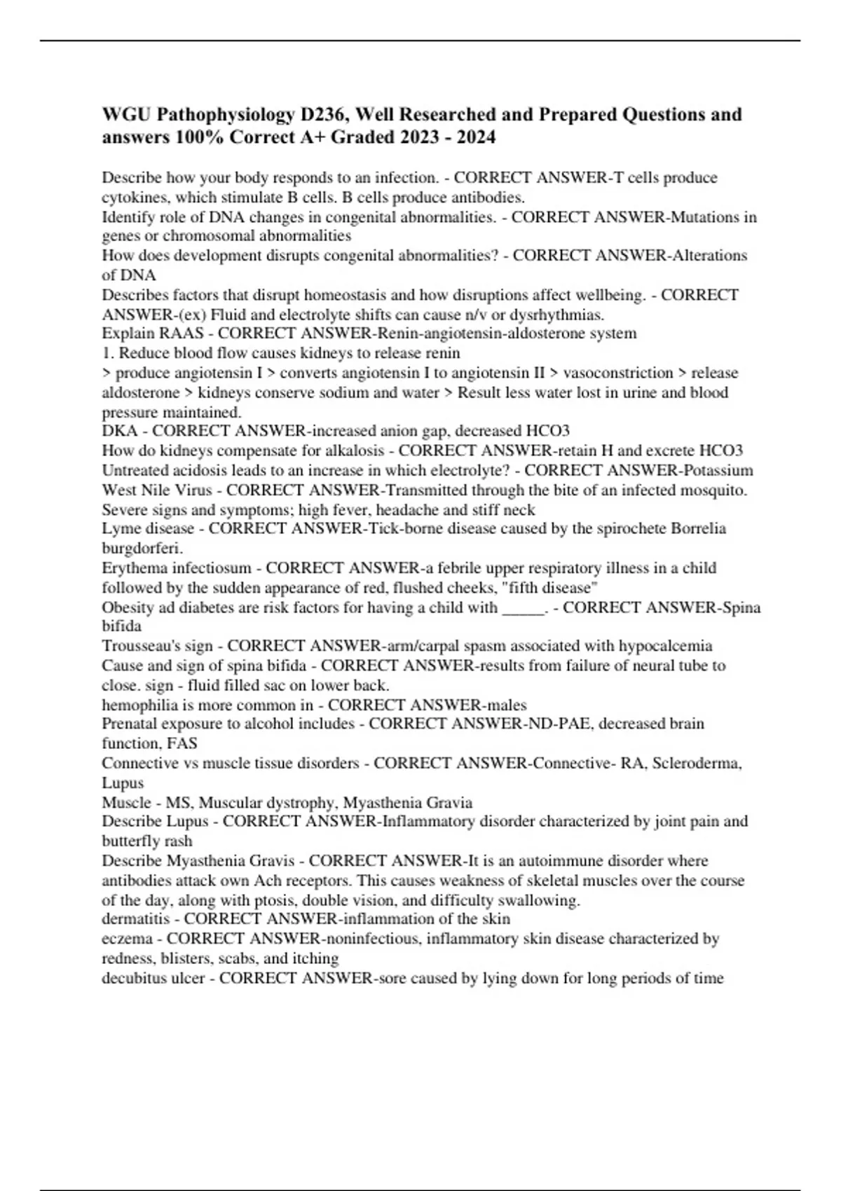 WGU Pathophysiology D236, Well Researched and Prepared Questions and ...