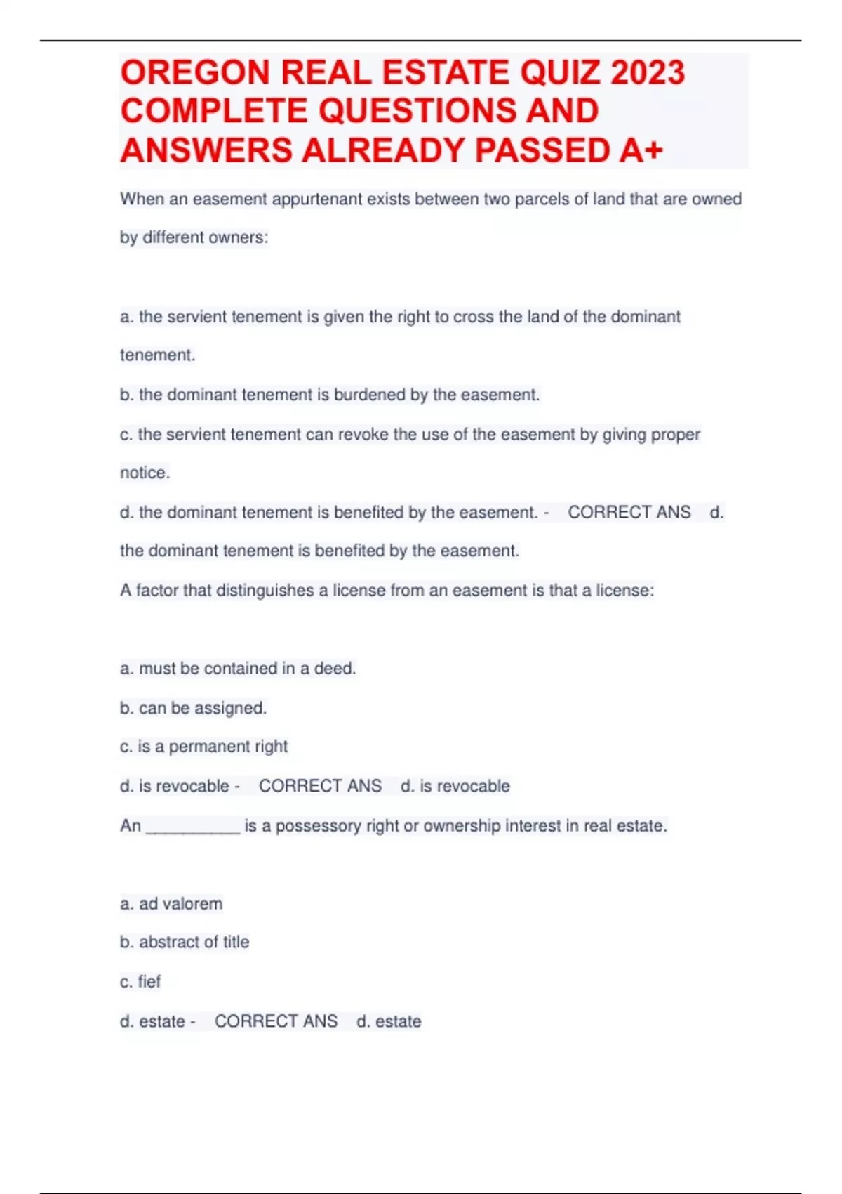OREGON REAL ESTATE QUIZ 2023 COMPLETE QUESTIONS AND ANSWERS ALREADY ...