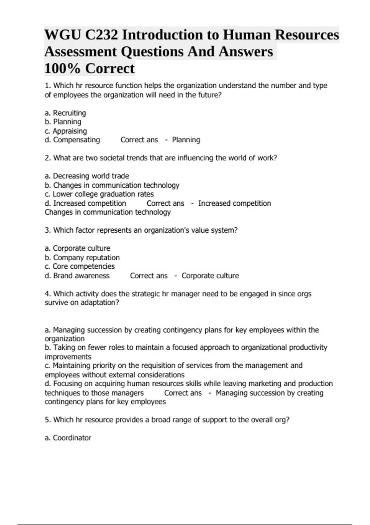 WGU C232 Introduction to Human Resources Assessment Questions And Answers 100% Correct. - WGU ...