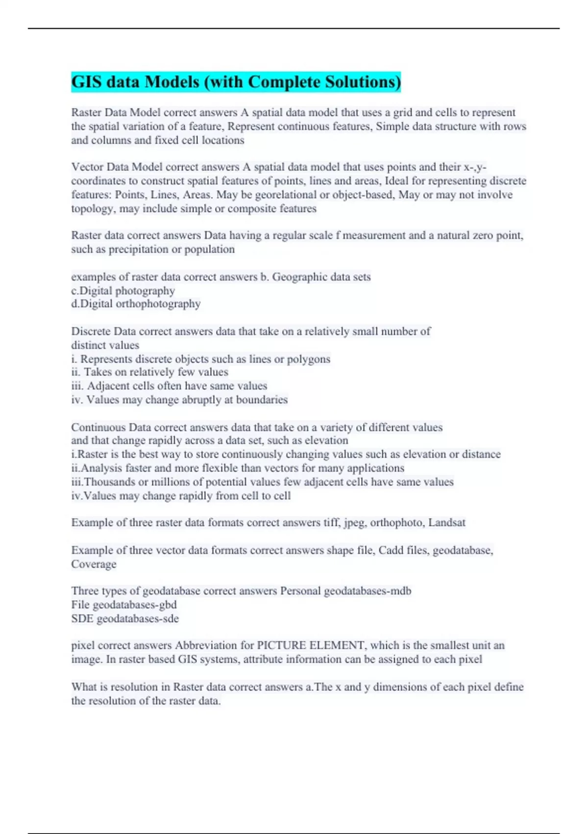 GIS data Models (with Complete Solutions) - GIS data Models - Stuvia US