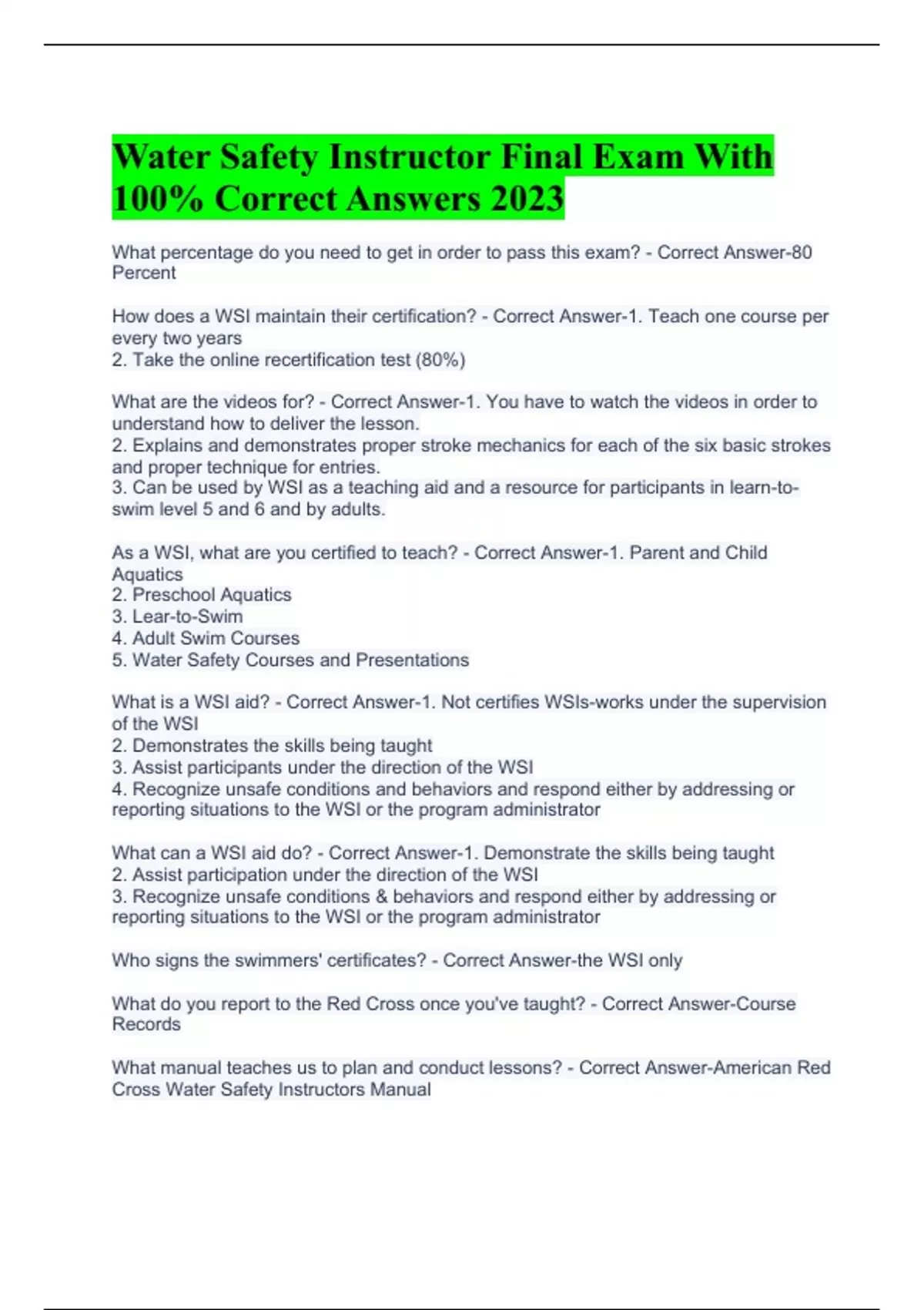 Water Safety Instructor Final Exam With 100% Correct Answers 2023 - WSI ...