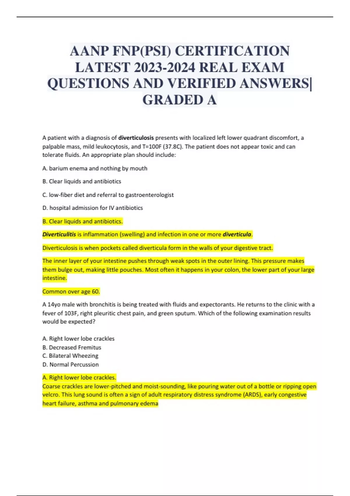 AANP FNP(PSI) CERTIFICATION LATEST REAL EXAM QUESTIONS AND VERIFIED ...