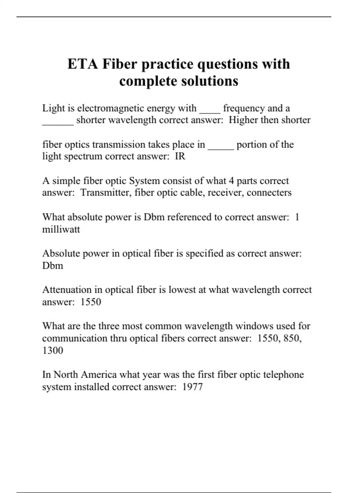 ETA Fiber practice questions with complete solutions - ETA - Stuvia US