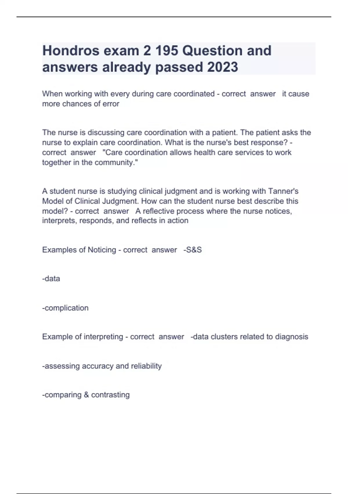 Hondros exam 2 195 Question and answers already passed 2023 - Hondros ...