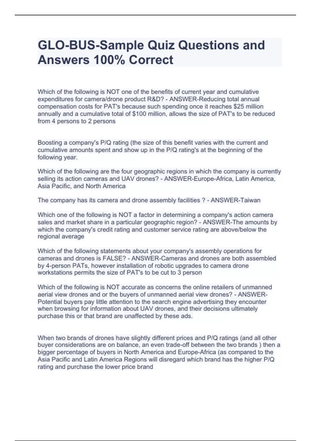 GLO-BUS-Sample Quiz Questions and Answers 100% Correct - GLO-BUS ...