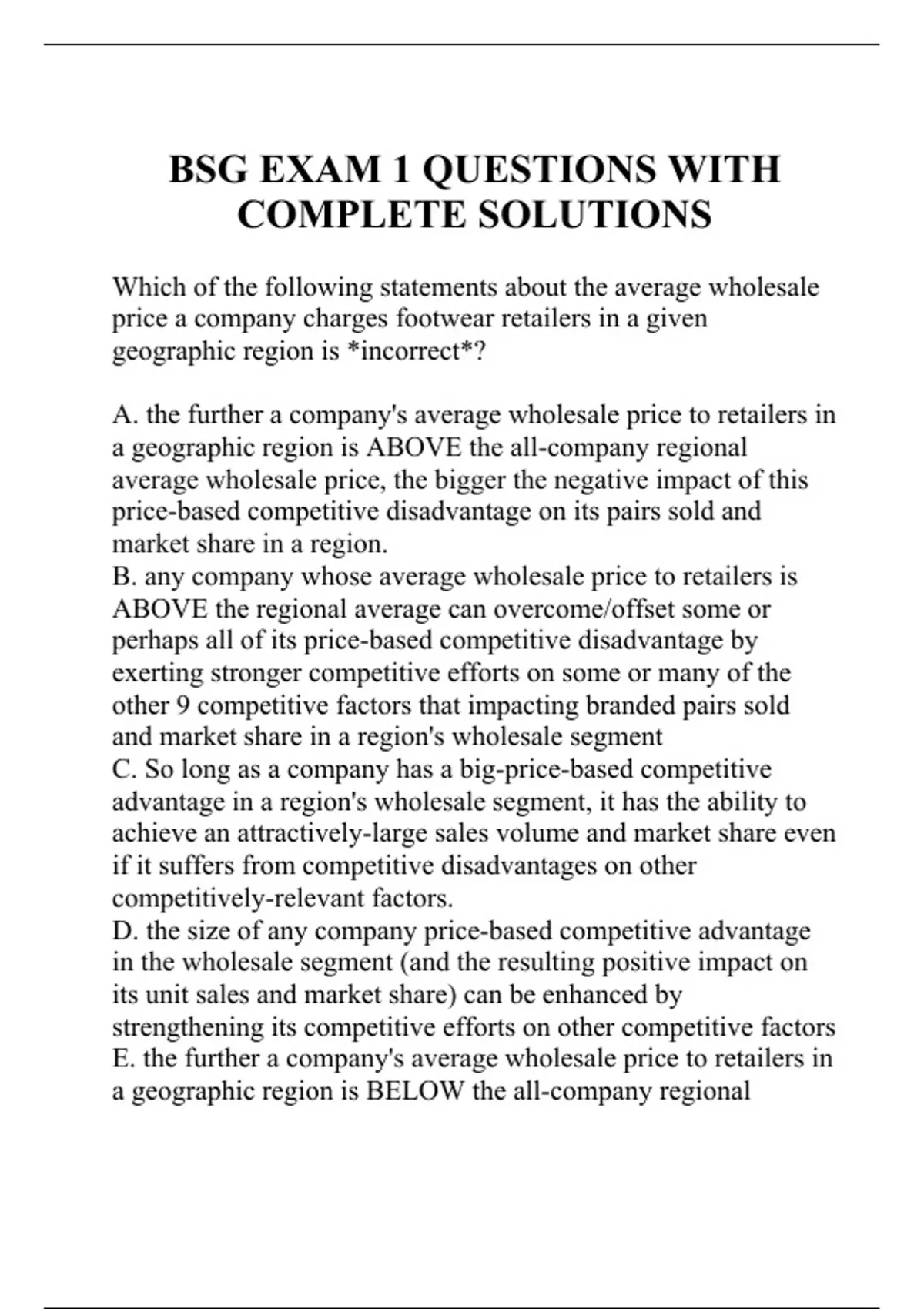 BSG EXAM 1 QUESTIONS WITH COMPLETE SOLUTIONS - BSG - Stuvia US